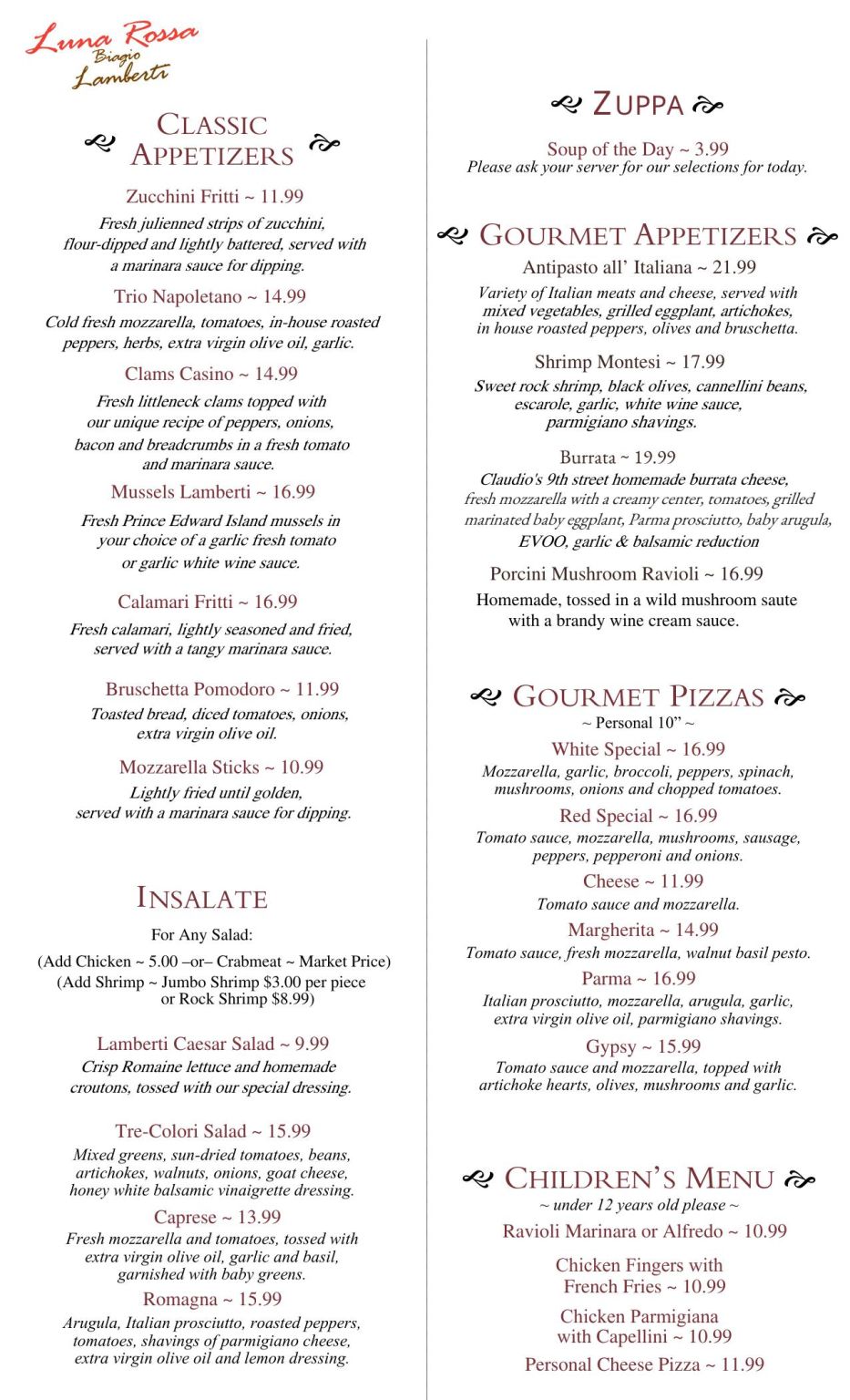 Our Menu - Luna Rossa Biagio Lamberti