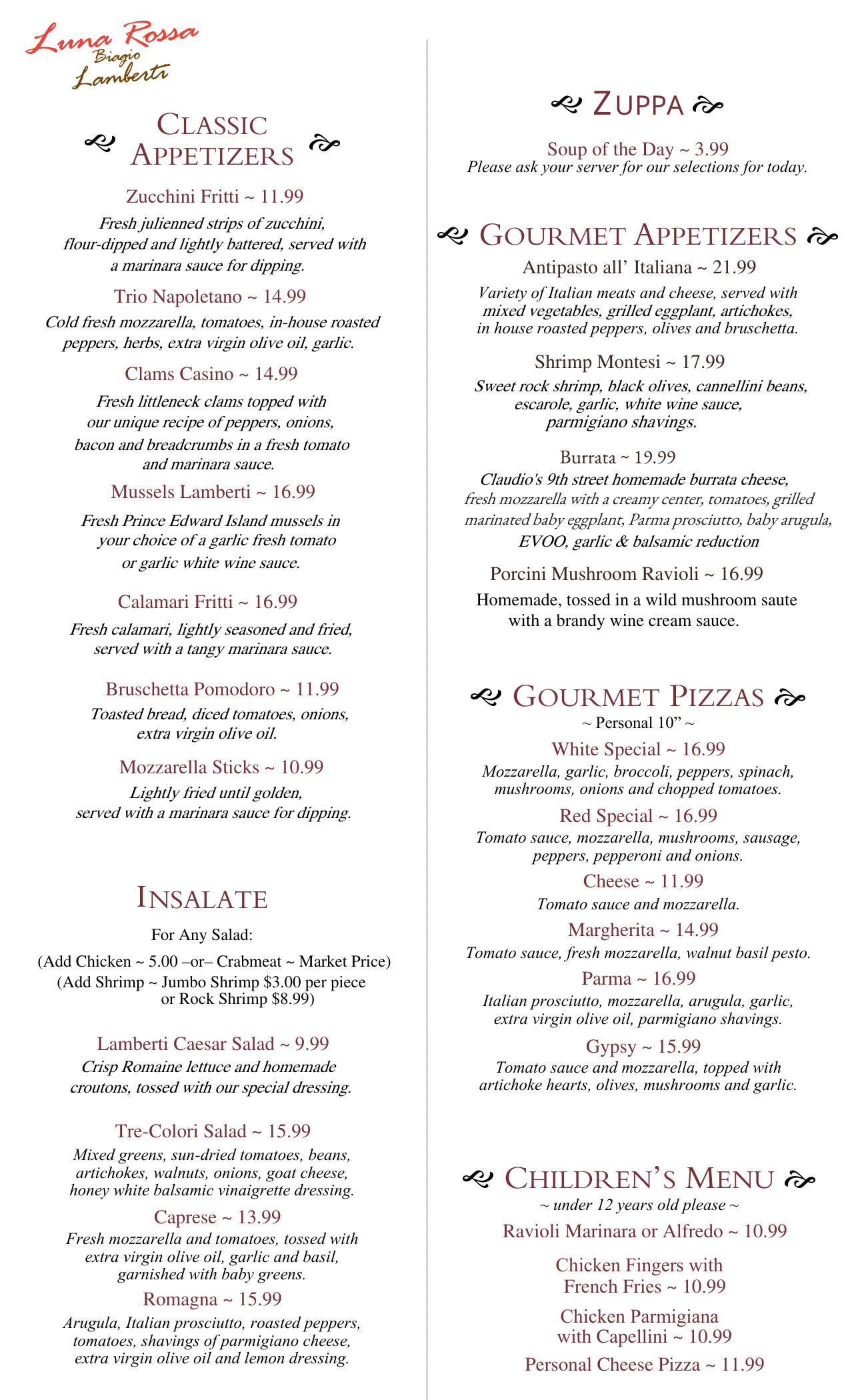Our Menu - Luna Rossa Biagio Lamberti