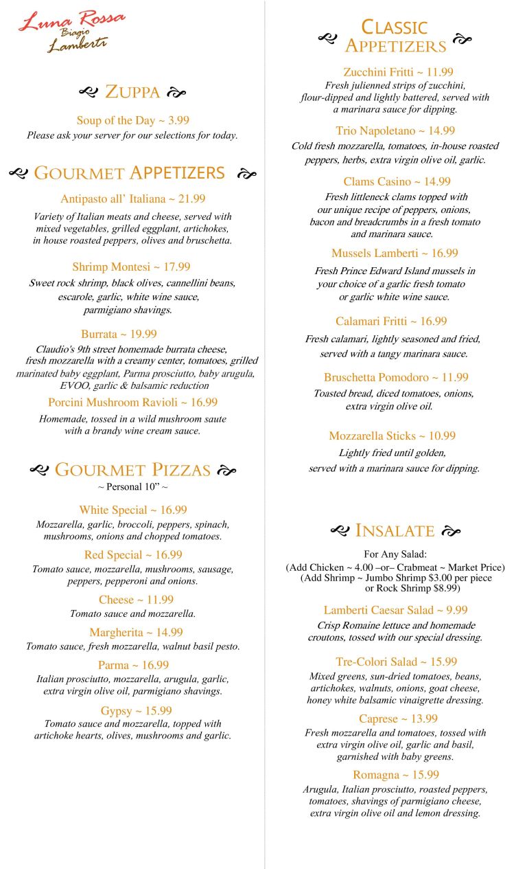 Our Menu - Luna Rossa Biagio Lamberti