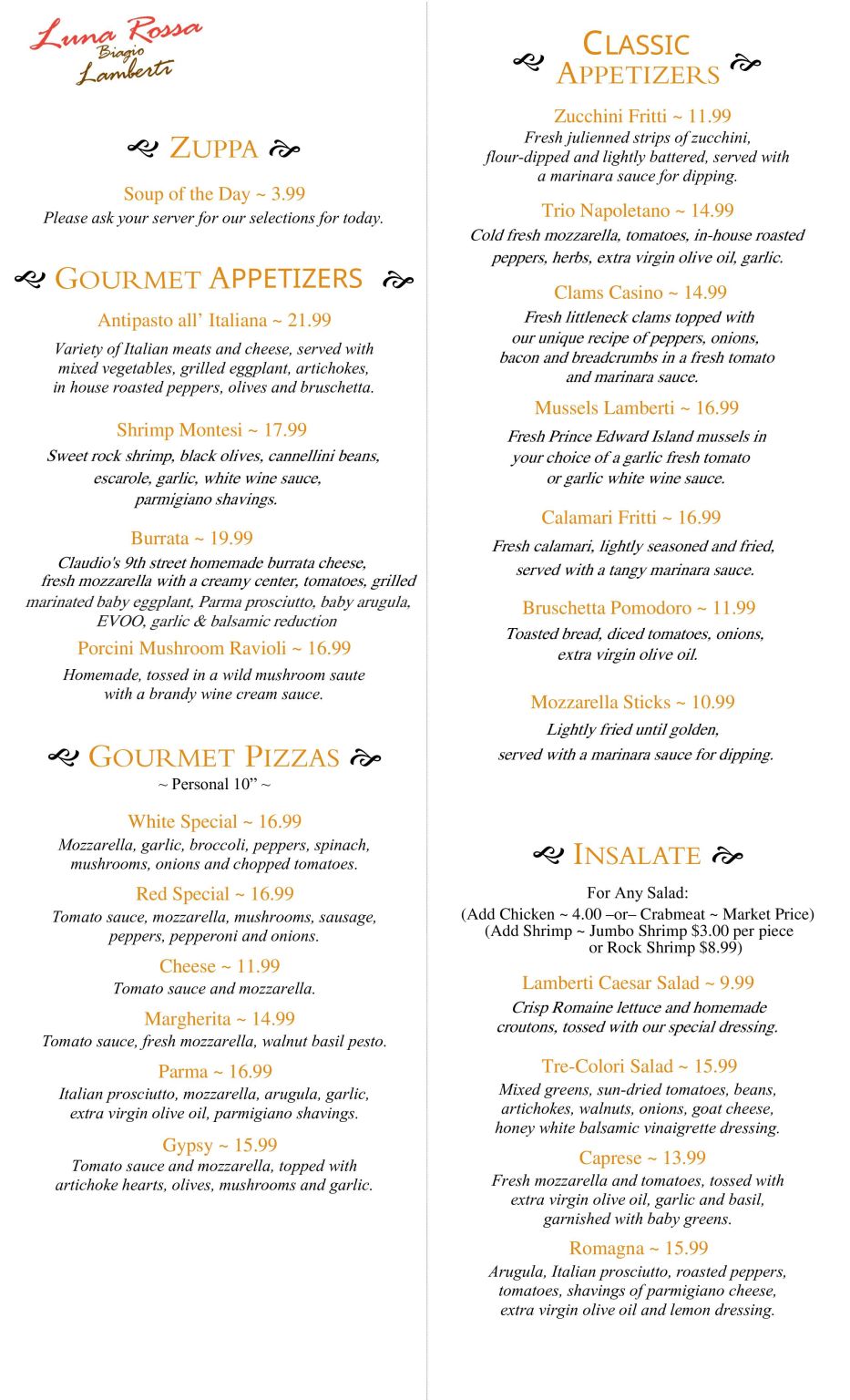 Our Menu - Luna Rossa Biagio Lamberti